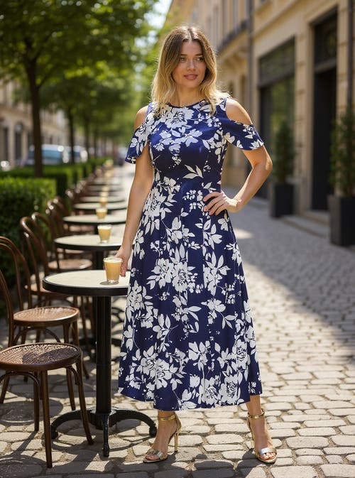 24SEVEN COMFORT APPAREL Floral Ruffle Sleeve Cold Shoulder A-Line Maxi Dress